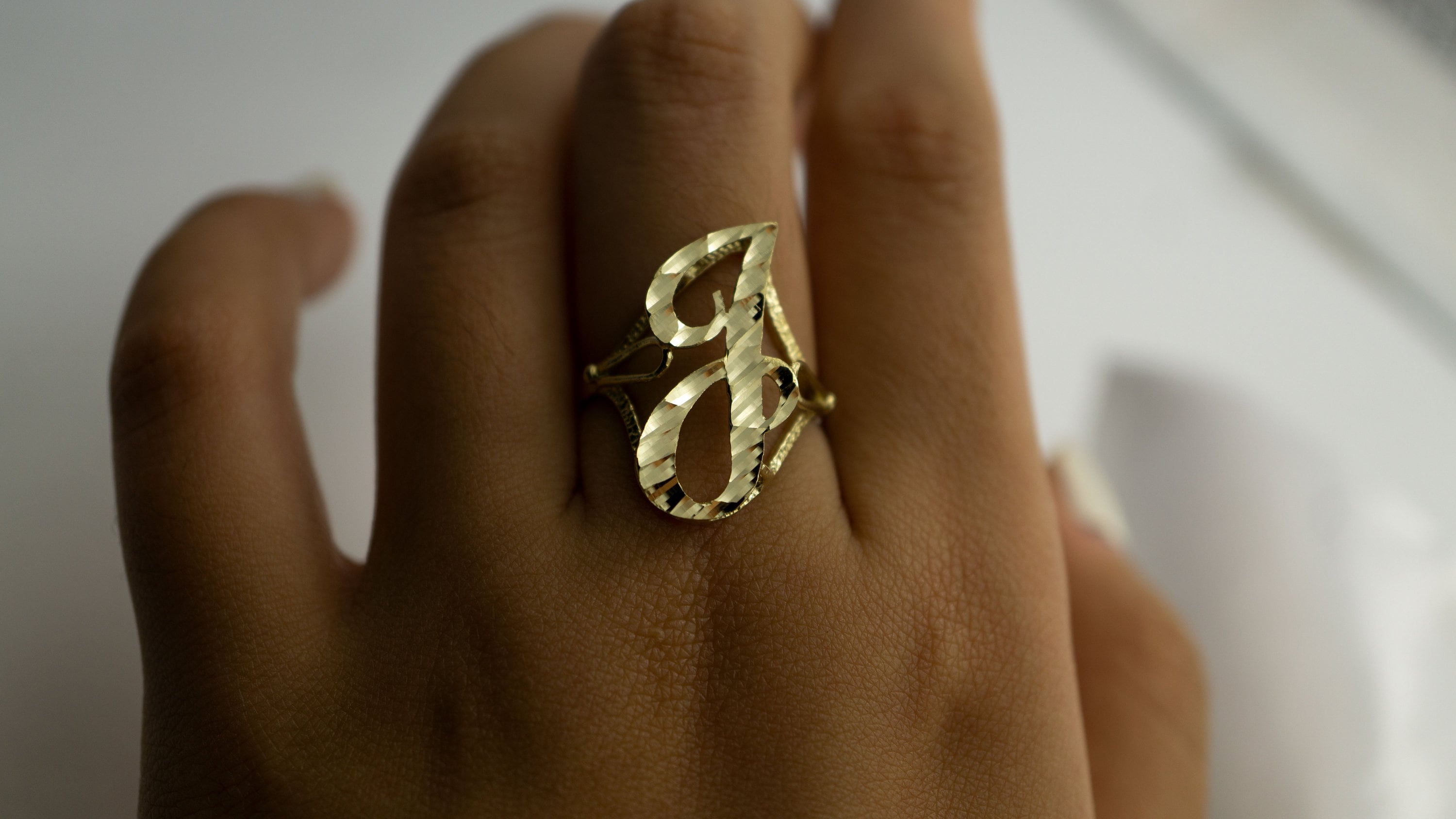 10k Yellow Gold Solid Cursive Initial Letter Ring With Diamond | Etsy