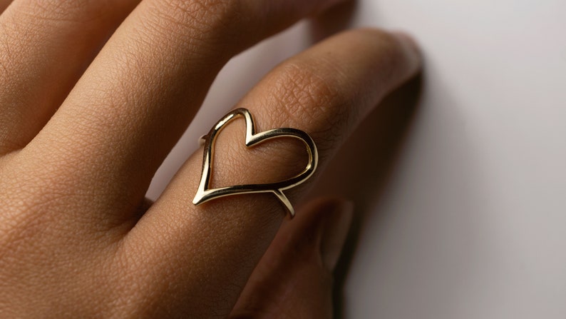 14k Yellow Solid Gold Big Size Slanted Heart and Slanted Star Ring for ...