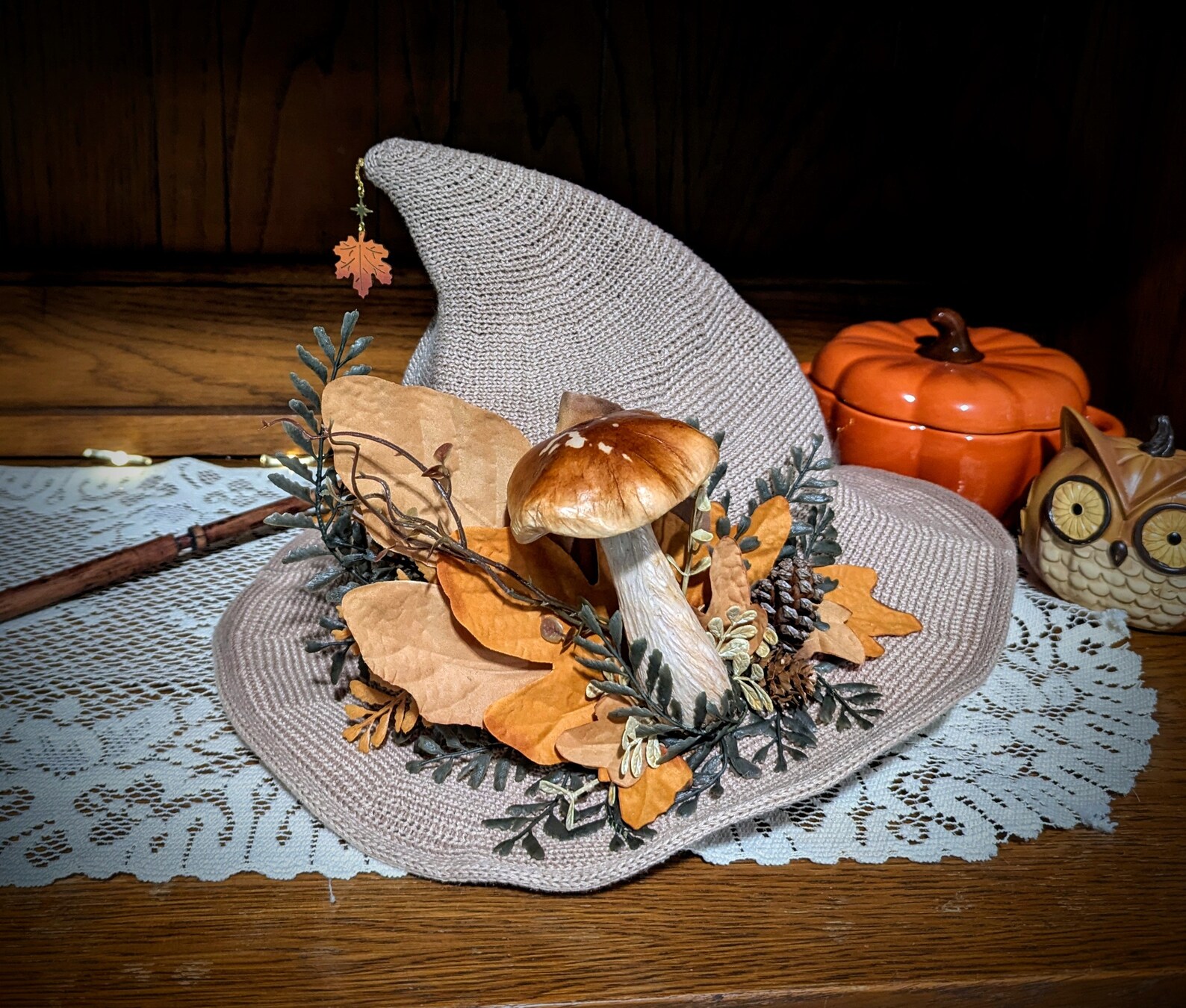 Cottagecore Beige Knit Witch Hat With Mushrooms Leaves and Pinecones ...