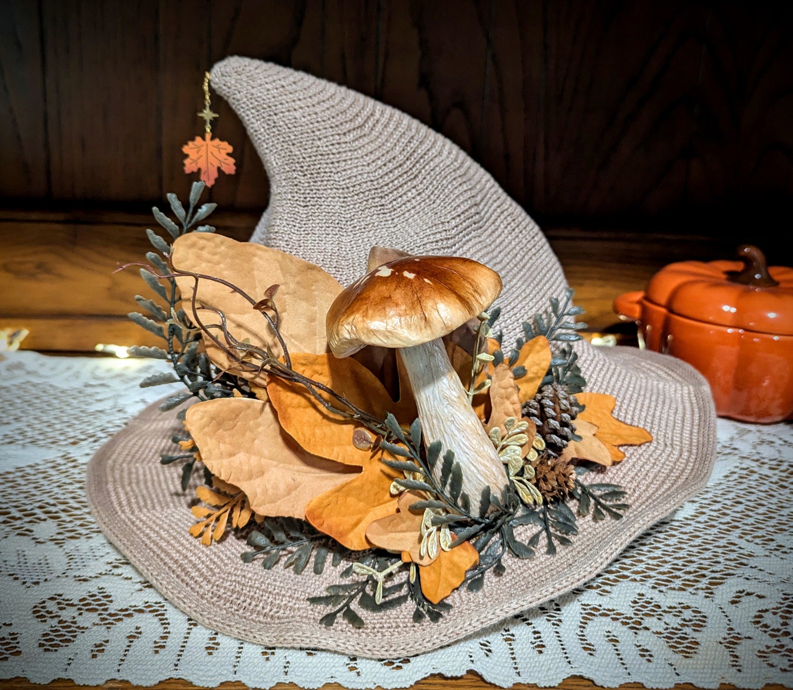 Cottagecore Beige Knit Witch Hat With Mushrooms Leaves and Pinecones ...