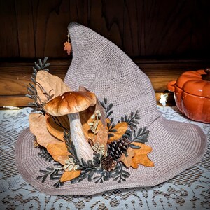 Cottagecore Beige Knit Witch Hat With Mushrooms Leaves and Pinecones ...