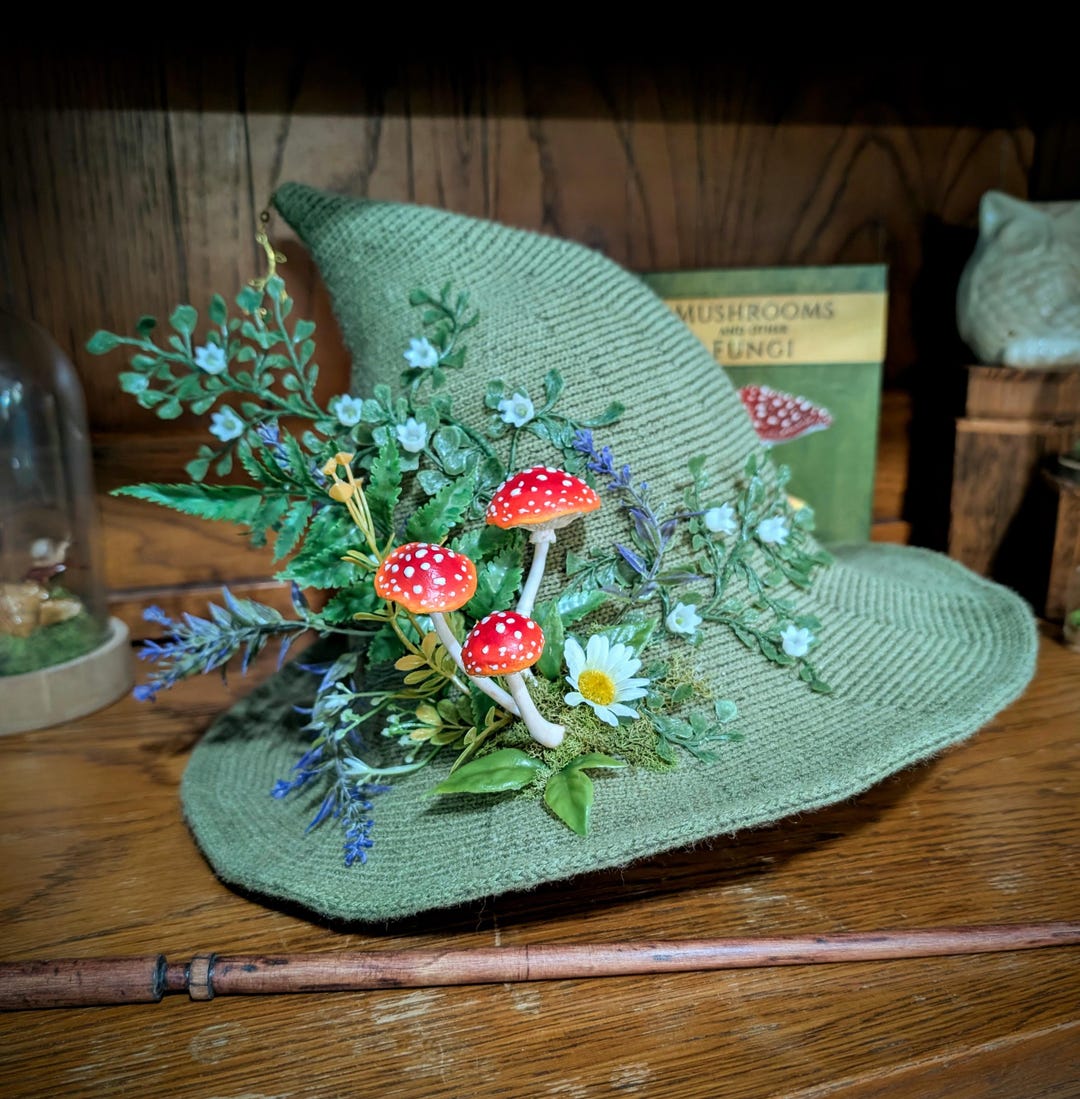 Sage Green Knit Witch Hat With Mushrooms | Cottagecore Woodland Witch ...