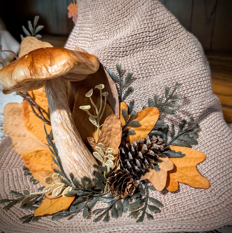 Cottagecore Beige Knit Witch Hat With Mushrooms Leaves and Pinecones ...