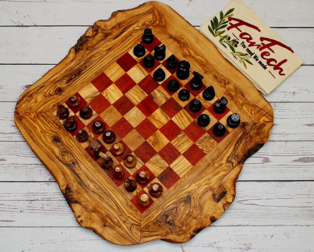 Rustic Chess Set L With 32 Handmade Olive Wood Pieces & Board | Unique ...