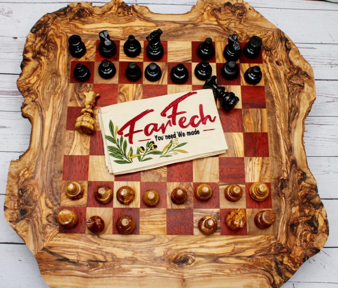 Rustic XL Olive Wood Chess Set – Handmade Chess Table With 32 Carved ...