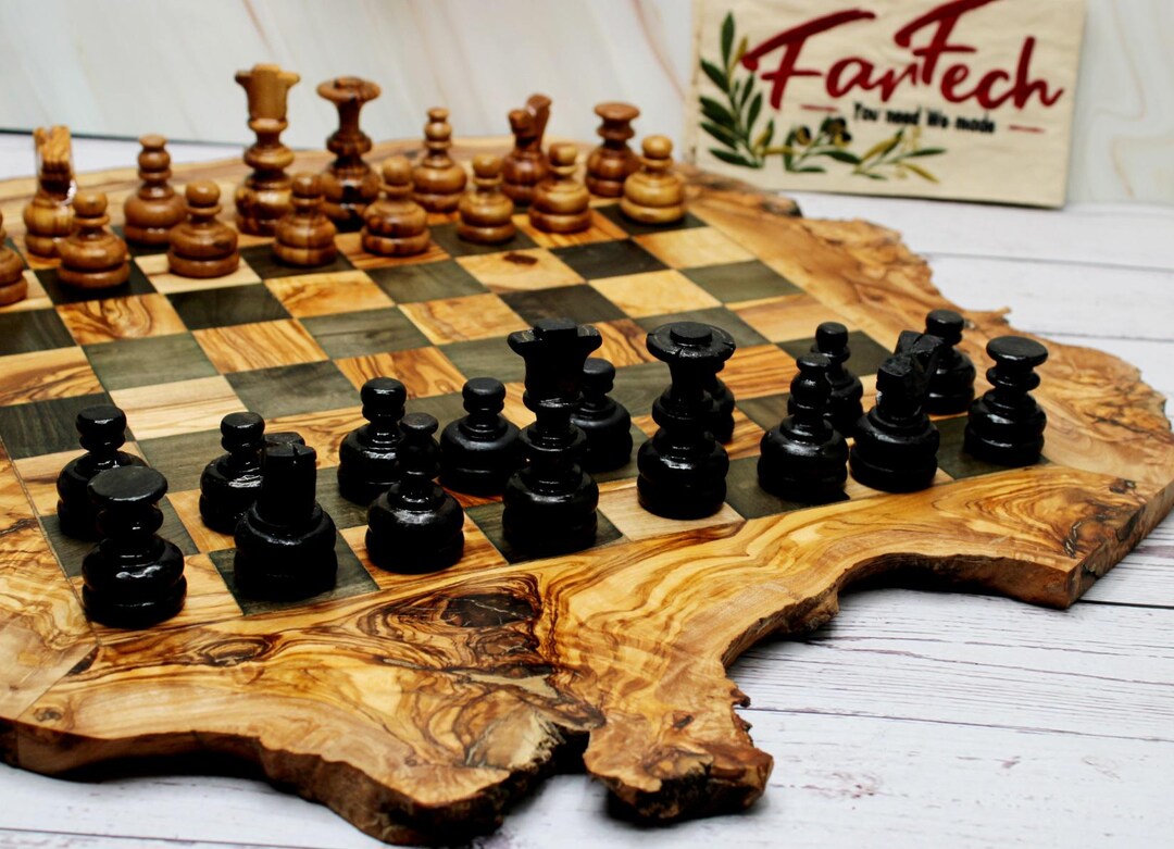 Rustic XL Olive Wood Chess Set | Handmade Chess Table & 32 Pieces ...