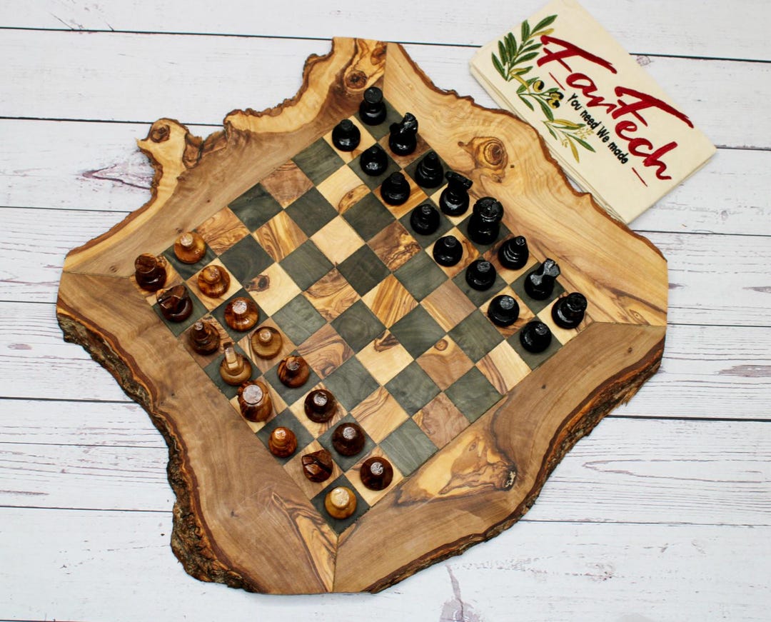 Rustic Olive Wood Chess Set – Handmade Chess Board With 32 Chess Pieces ...
