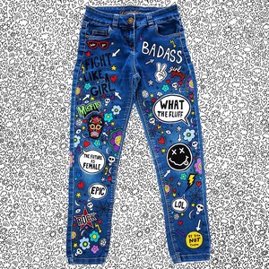 JEANS - Hand Painted Personalised Denim Jeans With Embroidered Patches ...