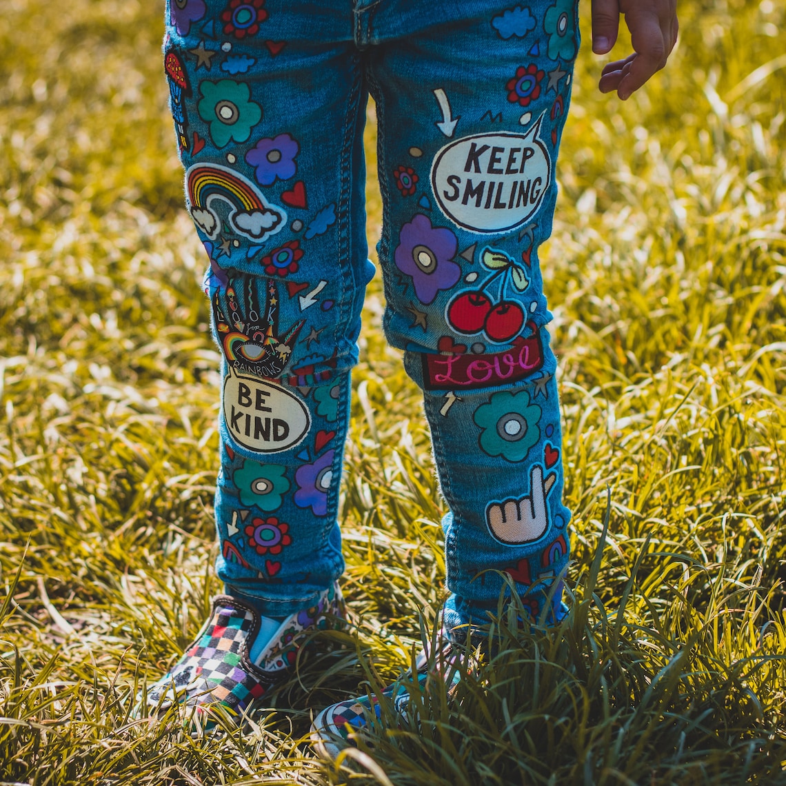 JEANS Hand Painted Personalised Denim Jeans With Embroidered - Etsy UK