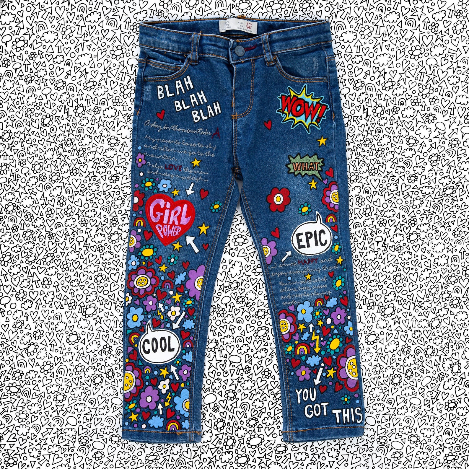 JEANS Hand Painted Personalised Denim Jeans With Embroidered - Etsy UK
