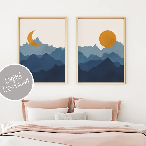 Boho Sun and Moon Wall Art Abstract Landscape Sun and Moon - Etsy