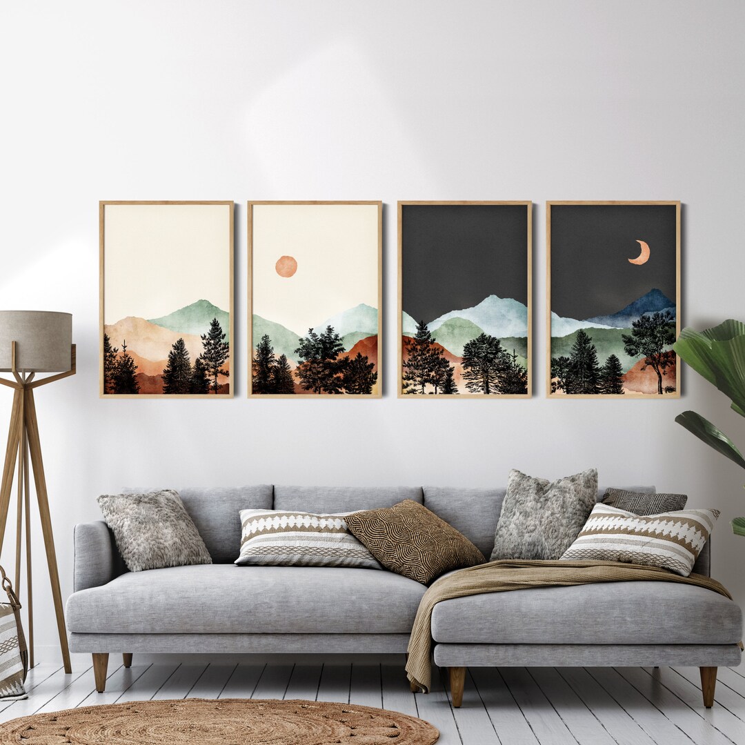 Sun and Moon Wall Art Mountain Art Print Set of 4, Landscape Wall Art ...