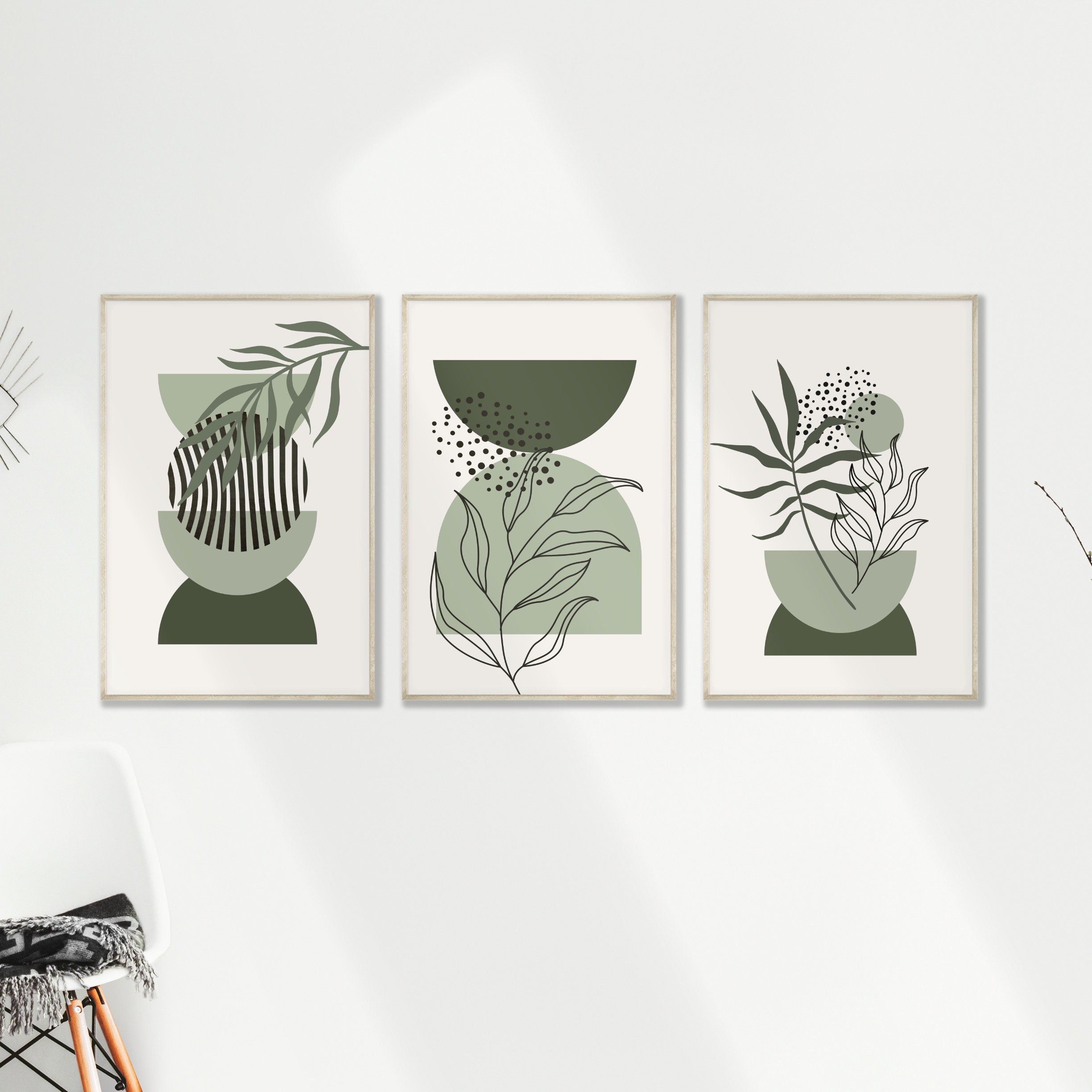 Sage Green Wall Art Printed Set of 3, Boho Print Set, Dark Green Decor ...