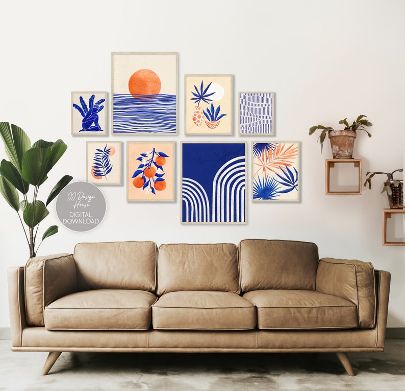 Blue Wall Art Gallery Wall Set of 8 Prints Mid Century - Etsy