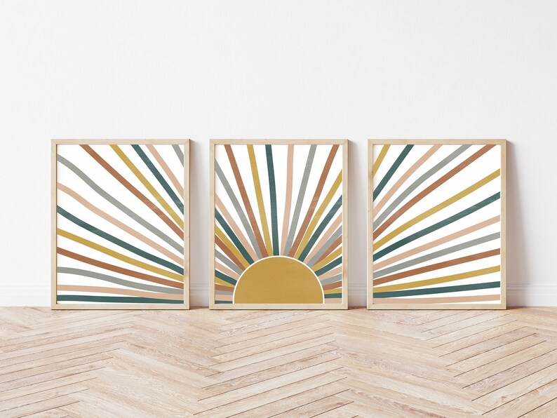 Sunburst Art Print Set of 3 Retro Sun Poster Large Sun - Etsy