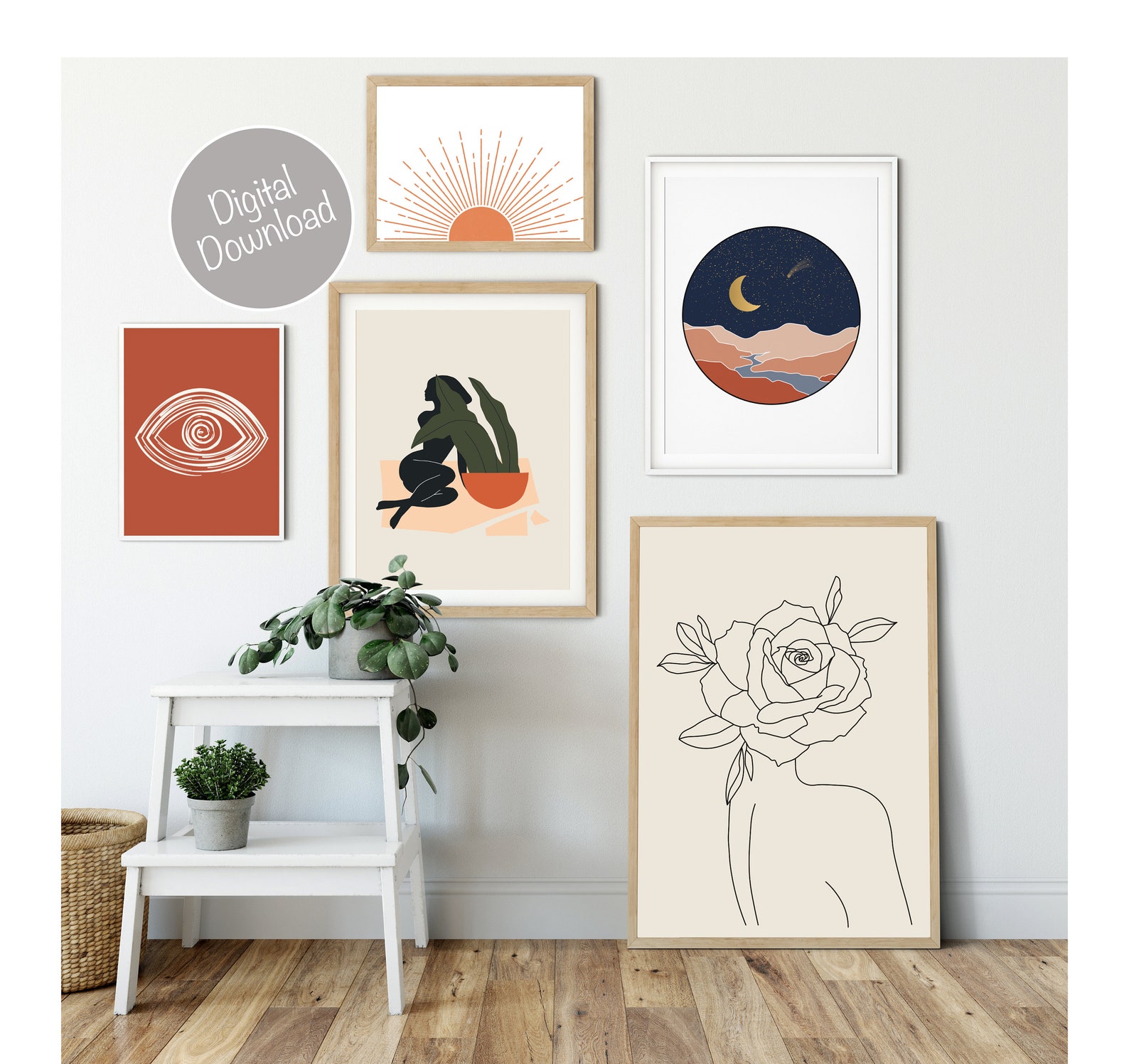 Boho Gallery Wall Set of 5 Prints Above Bed Decor Boho Decor | Etsy