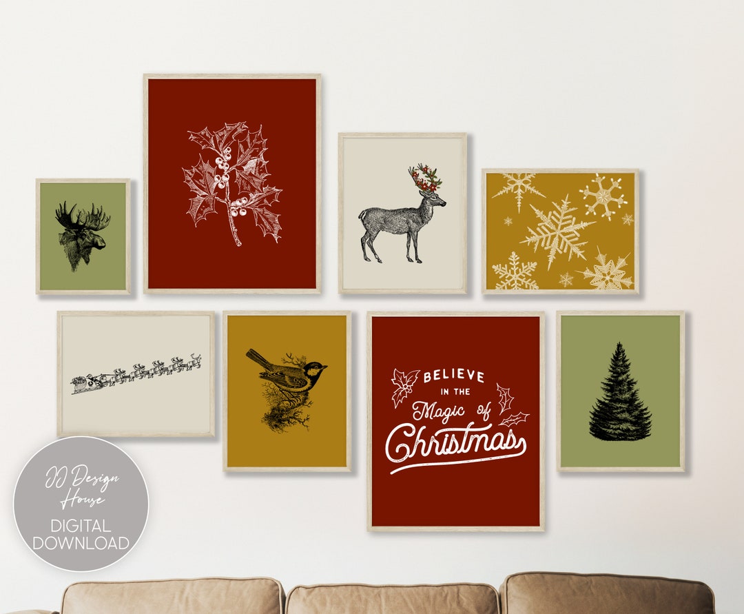 Christmas Wall Art, Vintage Christmas Decor Prints Set of 8, Holiday ...
