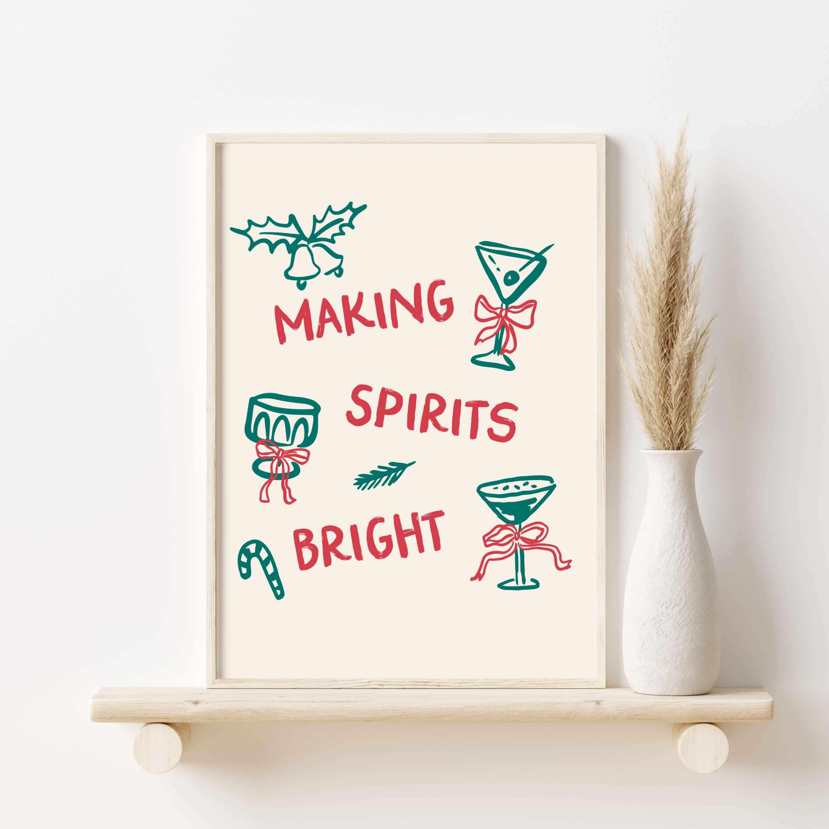 Making Spirits Bright Cocktail Wall Art, Holiday Bar Cart Print Red ...