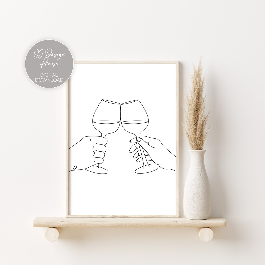 Cheers Line Art, Wine Wall Art, Wine Prints, Wine Bar Line Art, Wine ...