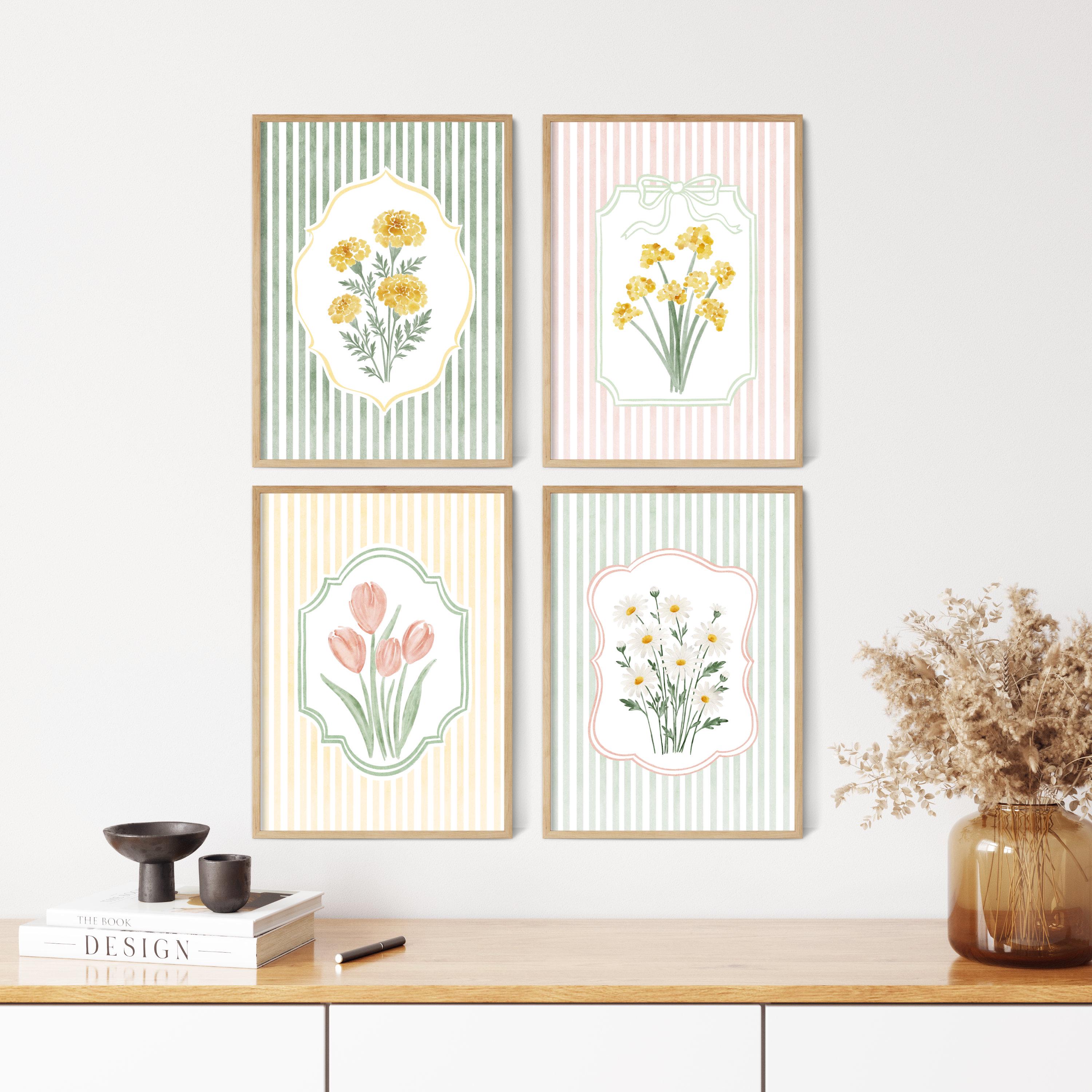 Floral Wall Art Set of 4, Printed Botanical Art, Cottagecore Flower ...