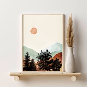 Sun and Moon Mountain Wall Art, Watercolor Mountain Print, Nature Wall ...
