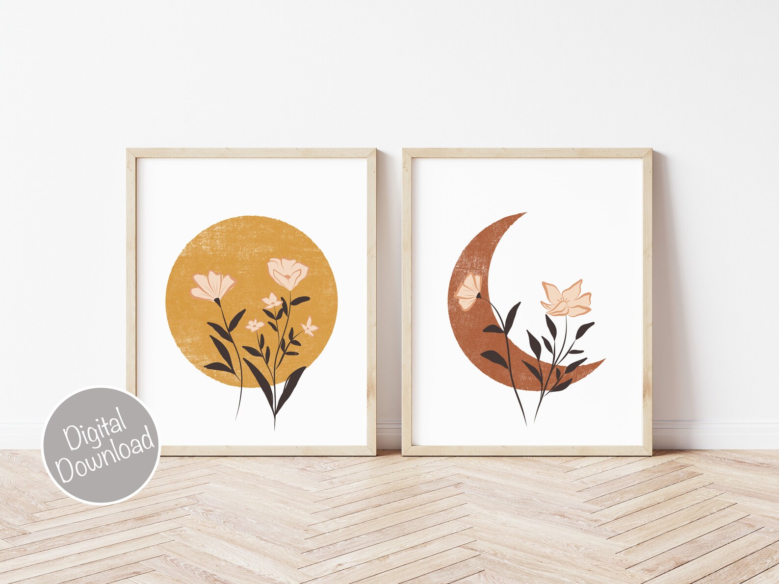 Sun and Moon Wall Art, Flower Art Print Set of 2, Moon Flower Print ...