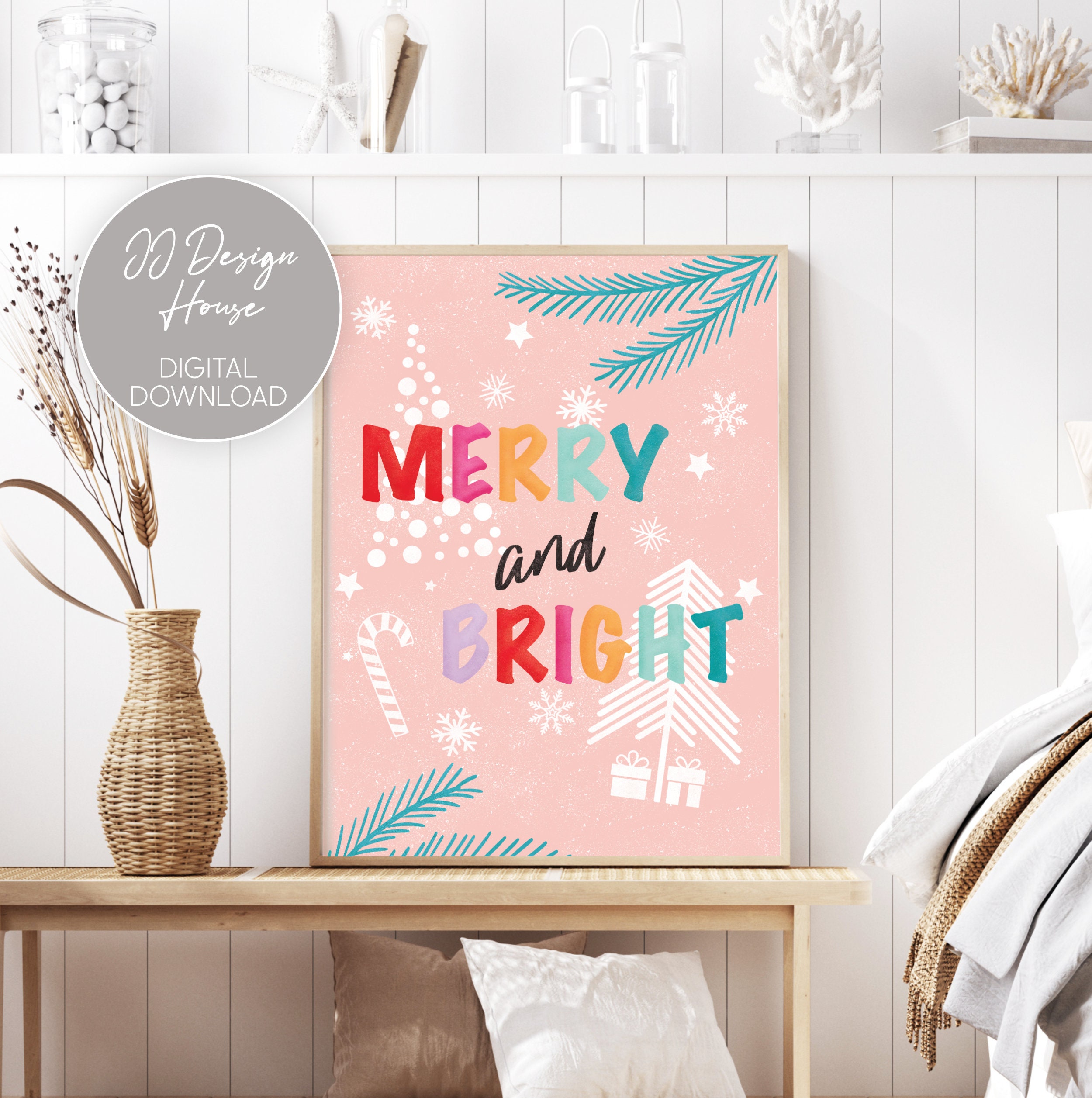 Pink Christmas Decor Boho Christmas Print Pink Holiday - Etsy