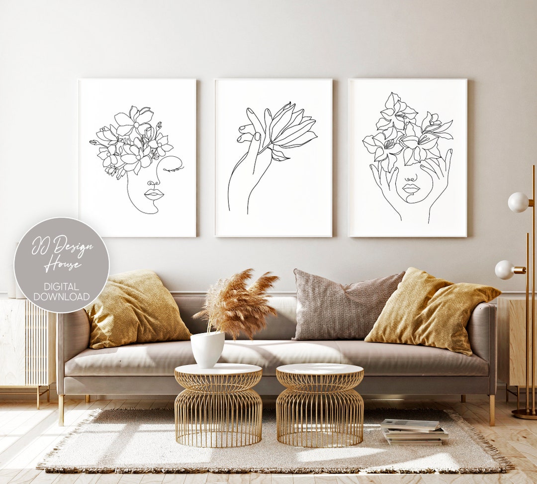 Minimalist Wall Art, Single Line Art Print Women With Flowers, Floral ...