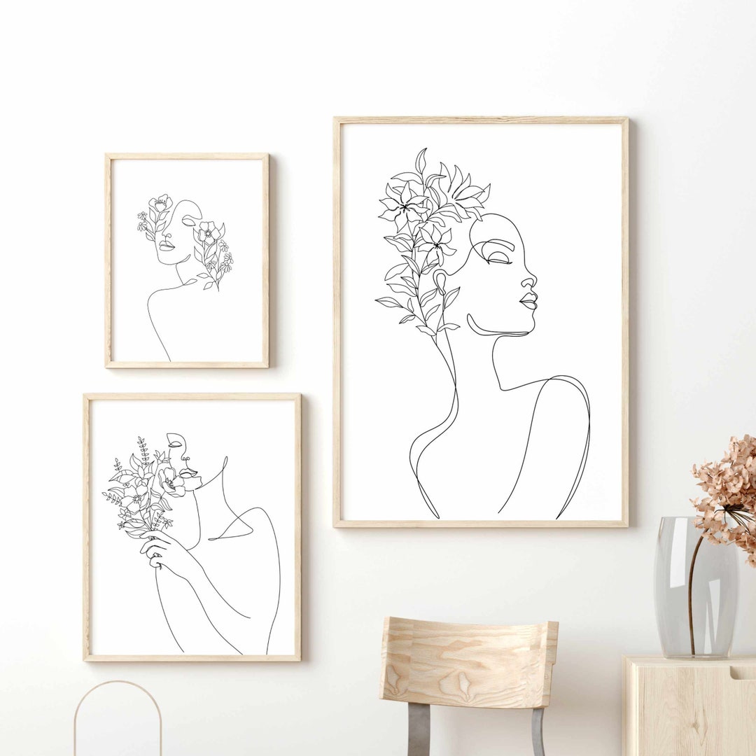 Minimalist Wall Art One Line Art Print Women With Flowers - Etsy
