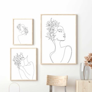 Minimalist Wall Art One Line Art Print Women With Flowers - Etsy