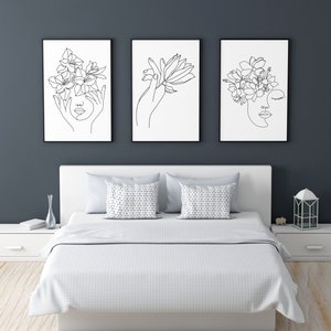 Minimalist Wall Art, Single Line Art Print Women With Flowers, Floral ...