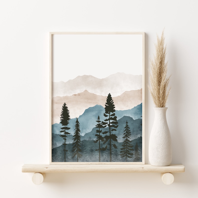 Blue Mountain Wall Art, Abstract Mountain Print Set, 3 Piece Wall Art ...