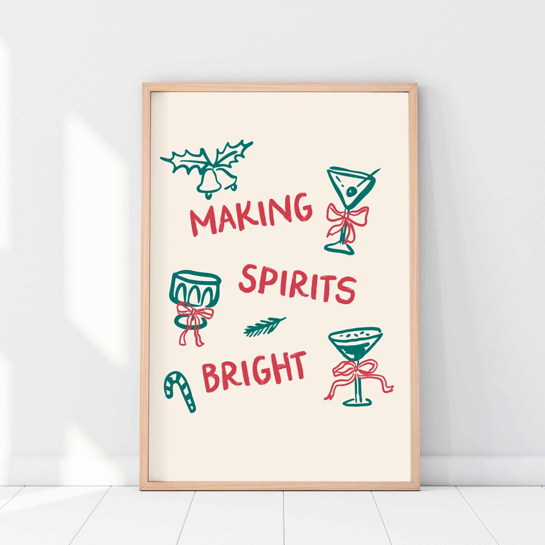 Making Spirits Bright Cocktail Wall Art, Holiday Bar Cart Print Red ...