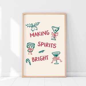 Making Spirits Bright Cocktail Wall Art, Holiday Bar Cart Print Red ...