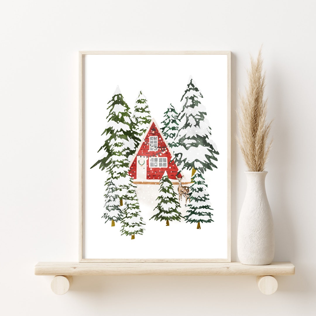 Red Christmas Cabin Art Print, Winter Wall Art, Printable Christmas ...