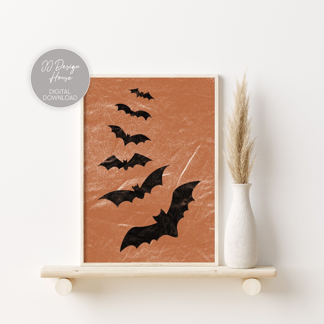 Halloween Print, Bat Wall Art, Halloween Wall Art, Black and Orange ...