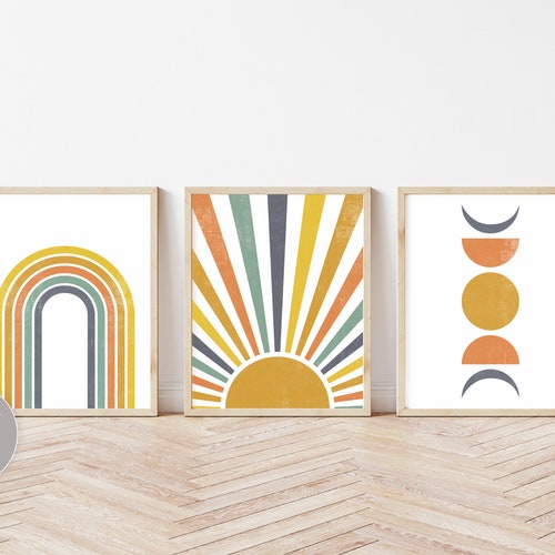 Mustard Yellow Wall Art Bedroom Decor Sun and Moon Print Set - Etsy