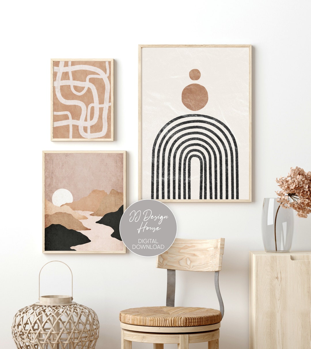 Boho Art Set Of 3 Prints Abstract Landscape Poster Bundle Black Beige