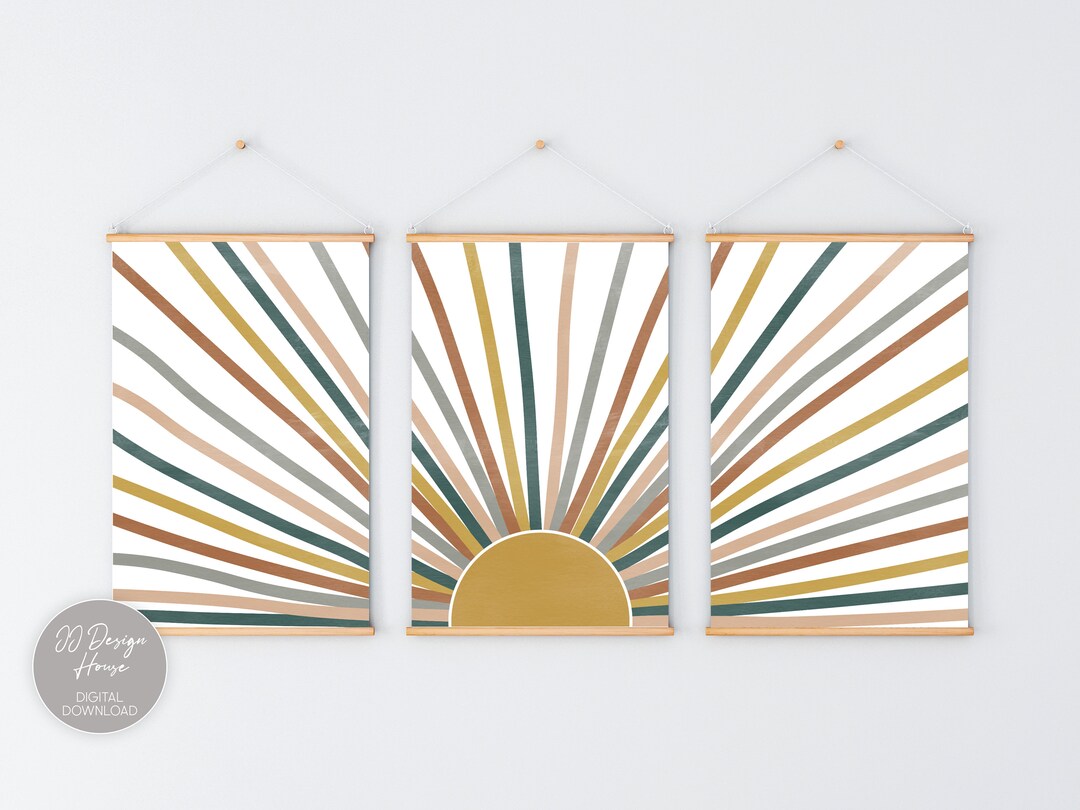 Sunburst Art Print Set of 3, Retro Sun Poster, Large Sun Prints, Boho ...