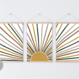 Sunburst Art Print Set of 3, Retro Sun Poster, Large Sun Prints, Boho ...