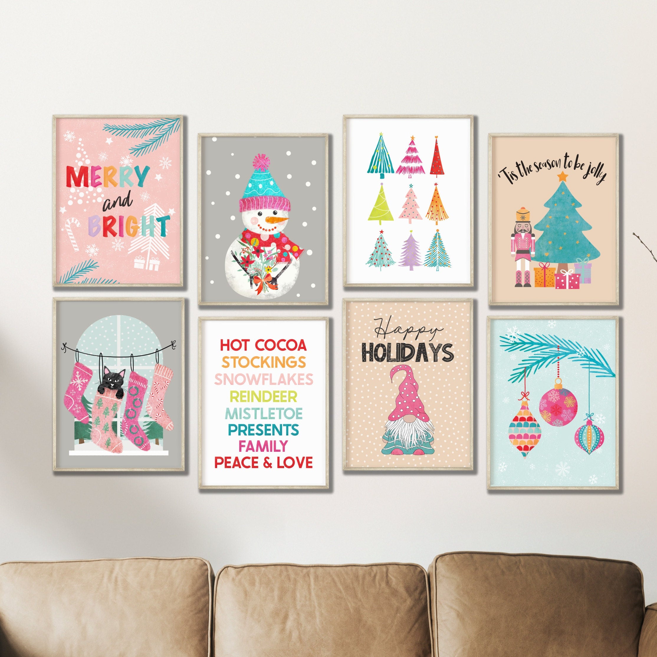 Pink Christmas Decor Prints Set of 8, Colorful Christmas Wall Art ...