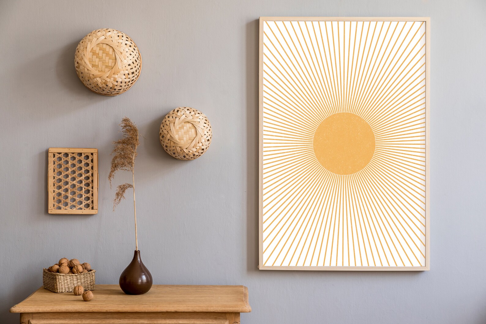 Boho Sun Wall Art, Orange Sun Poster, Abstract Sun Rays Wall Print ...