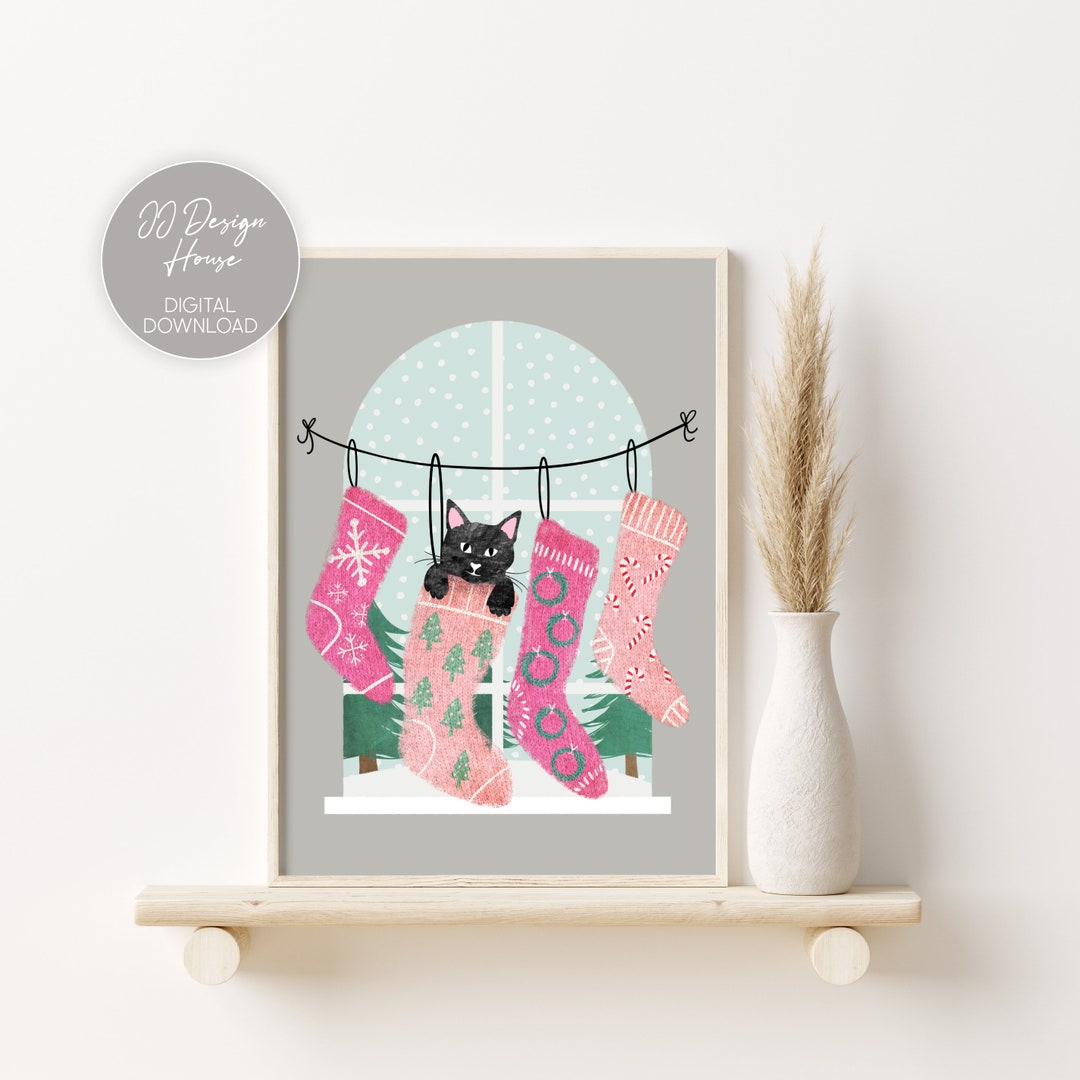 Christmas Cat Print, Boho Christmas Print, Pink Holiday Decor ...