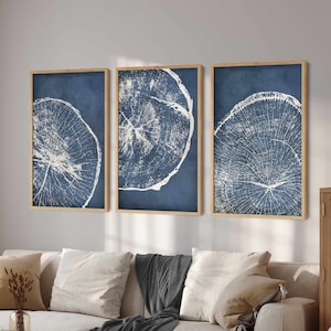 Blue Tree Ring Art, Tree Stump Print, Triptych Wall Art, Printed Wall ...