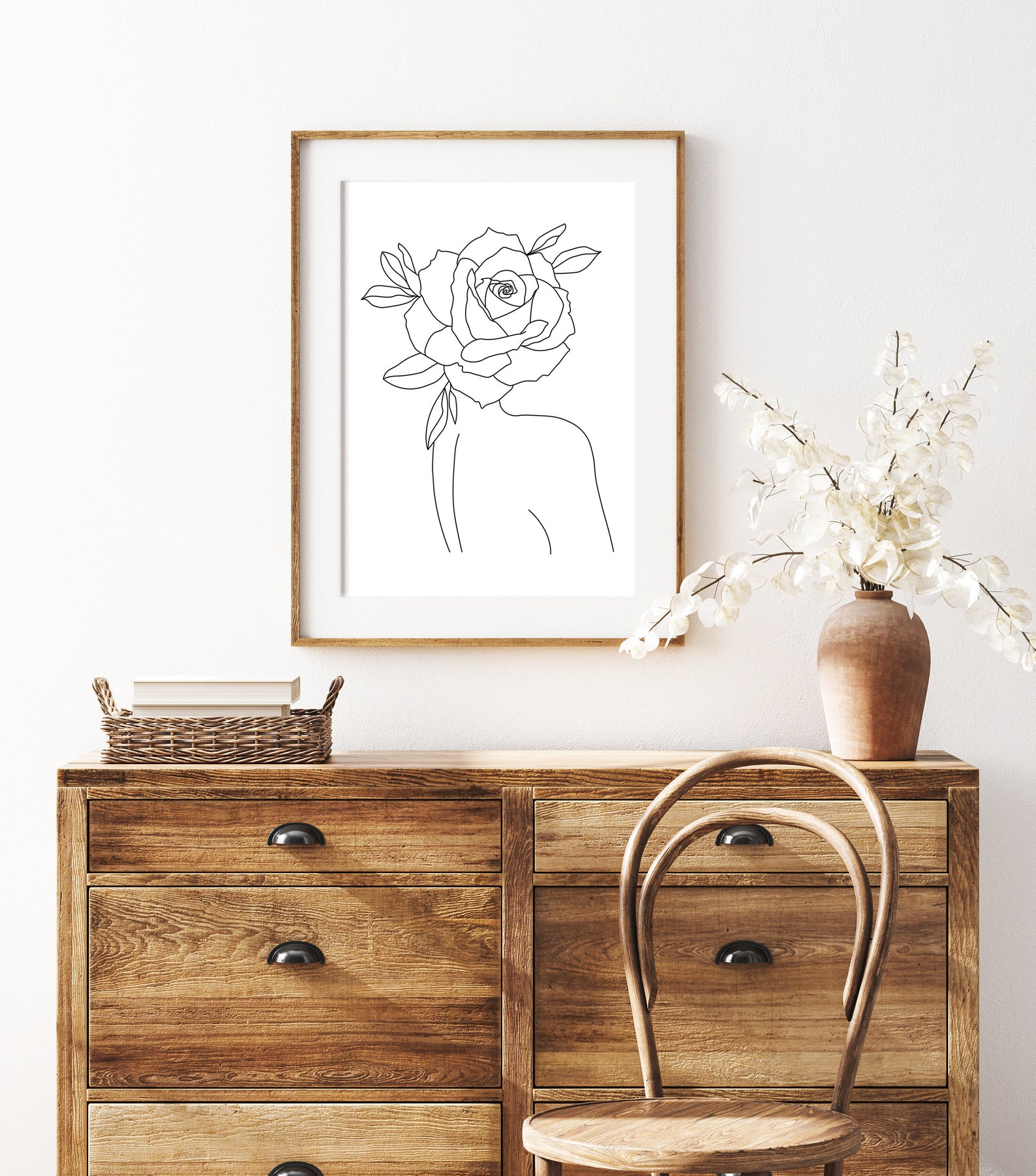 Line Art Woman With Flowers, Woman Line Drawing, Female Body Art, Head ...