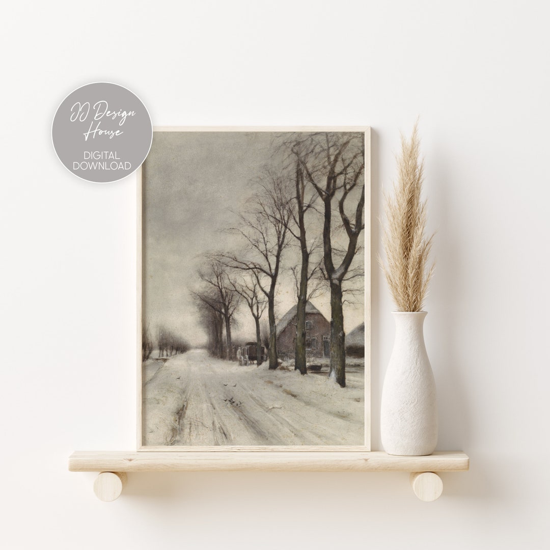 Winter Cottage Painting, Vintage Nature Print, White Holiday Art Print ...
