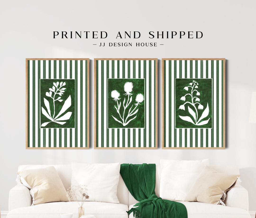 Green Botanical Print Set: Striped Minimalist Wall Decor - Etsy