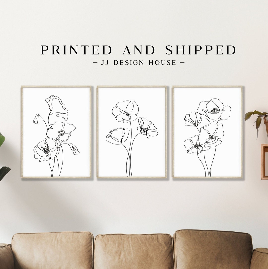 Printed Art, Minimalist Wall Art, Flower Line Art Print Set of 3 ...