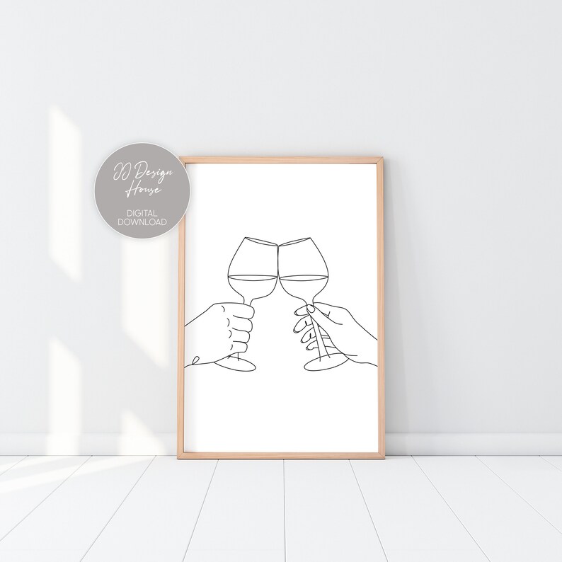 Cheers Line Art, Wine Wall Art, Wine Prints, Wine Bar Line Art, Wine ...