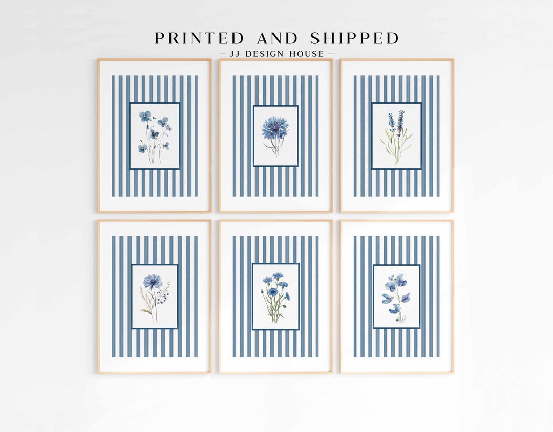 Blue Wall Art Set of 6 Prints Watercolor Prints, Botanical Prints, Blue ...